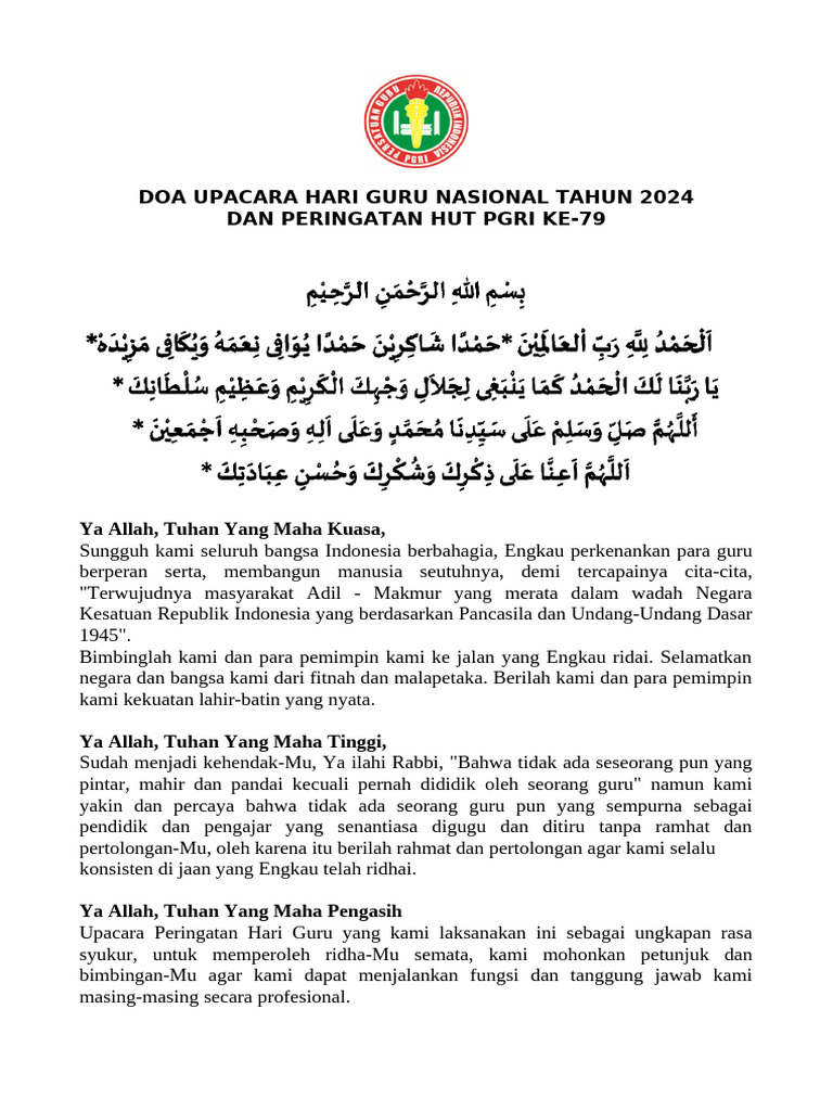 Doa Upacara Hut Ke-79 Pgri Dan Hari Guru Nasional Tahun 2024 | PDF