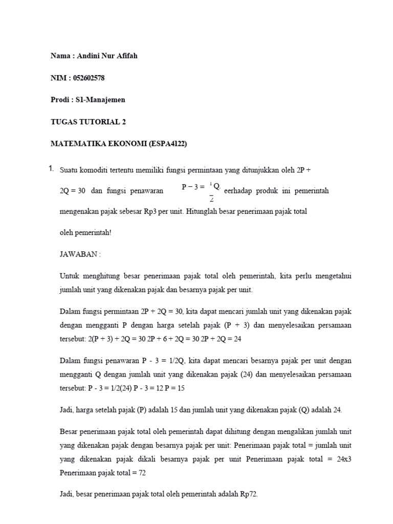 Tugas 2 Matematika Ekonomi - Andini Nur Afifah | PDF