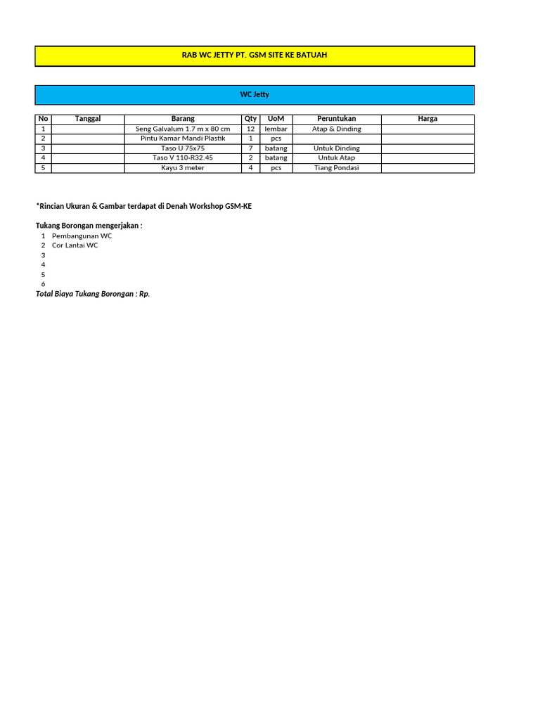 Rab WC Jetty Pt. GSM Site Ke Batuah: WC Jetty No Tanggal Barang Qty Uom Peruntukan Harga | PDF