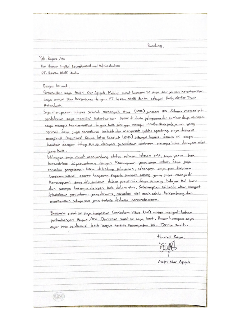 Surat Lamaran Andini Nur A | PDF