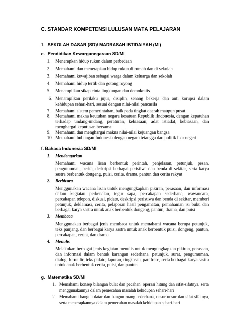 SKL Mata Pelajaran SD-MI | PDF