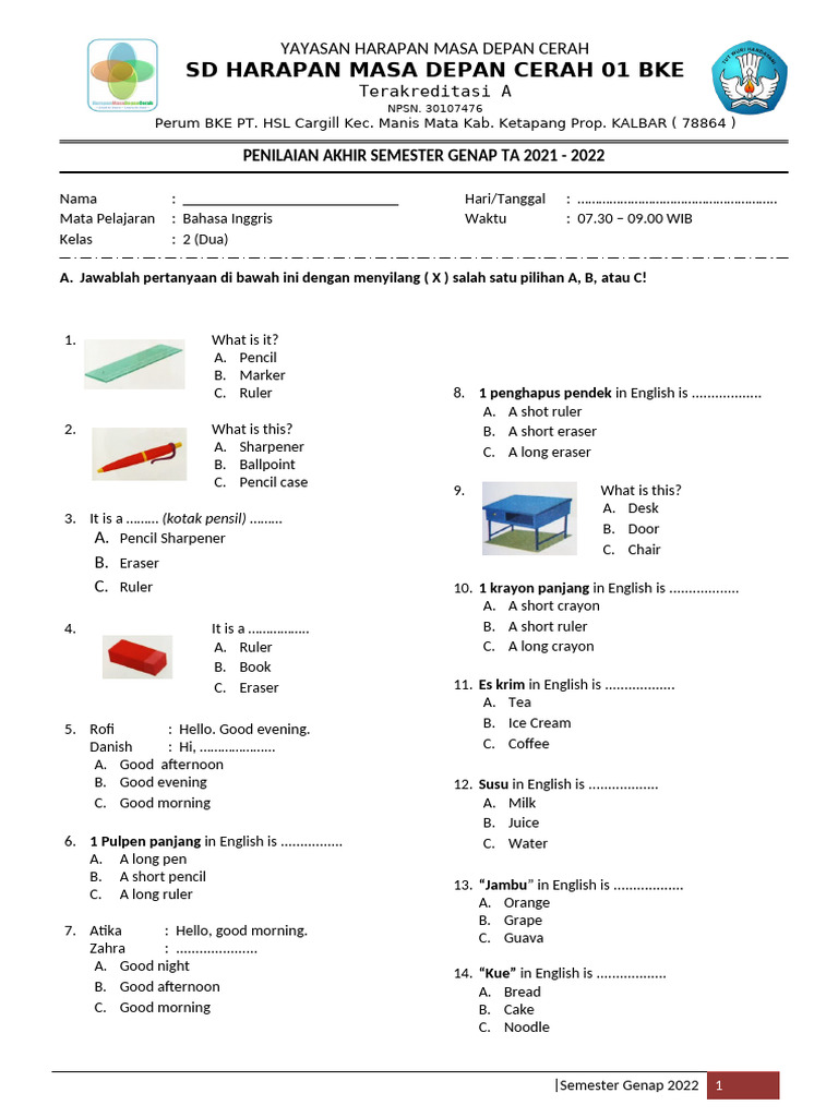 Soal Pas English - Kelas 2 | PDF | Stationery | Writing Implements