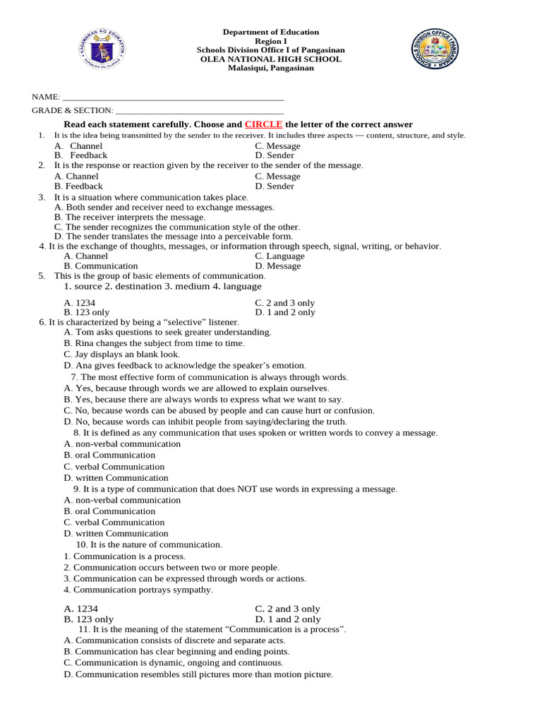 Oral Comm Quiz #1 | PDF | Communication | Nonverbal Communication