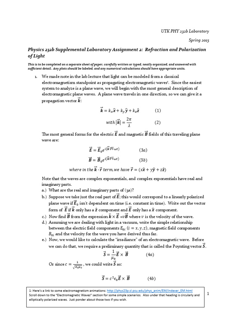 Refraction And Polarization Supplemental Pdf Waves Polarization