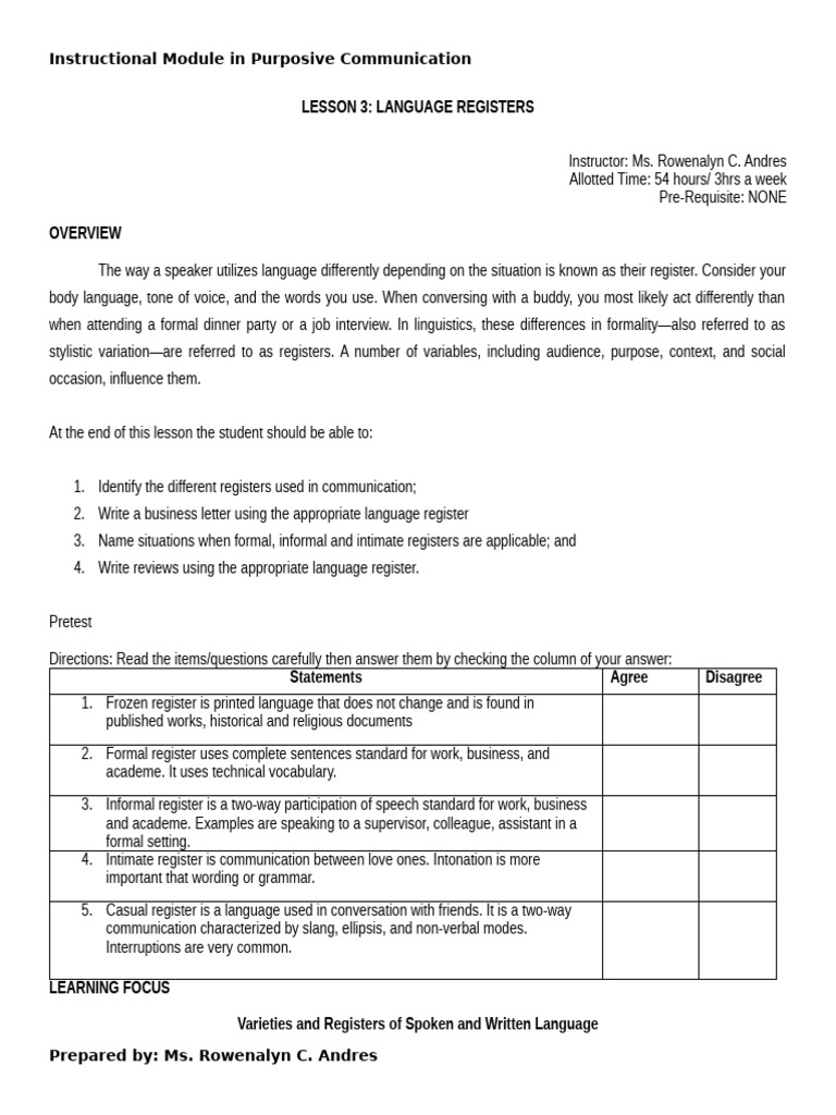 Instructional Module in LESSON 3 Varieties and Registers | PDF ...