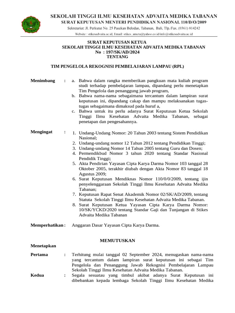 SK Tim Pengelola Rekognisi RPL | PDF