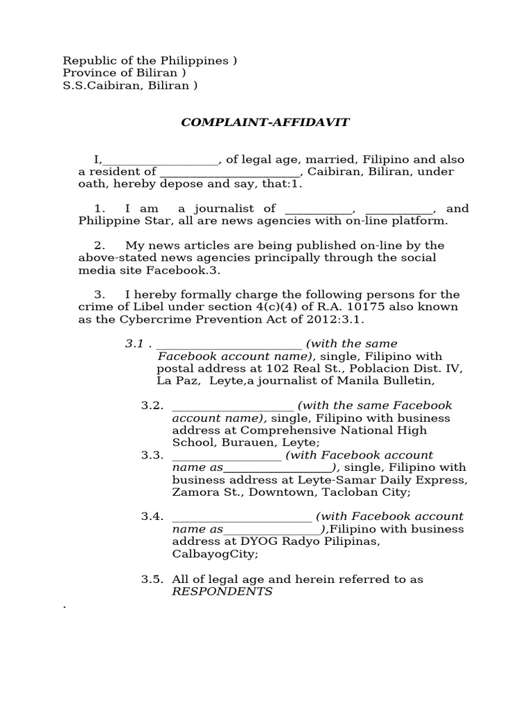 LIBEL AFFIDAVIT Form | PDF | Affidavit | Defamation