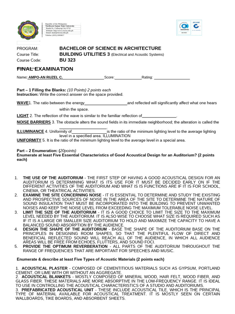BU 323 FINAL EXAMINATION For Students | PDF | Building Engineering ...