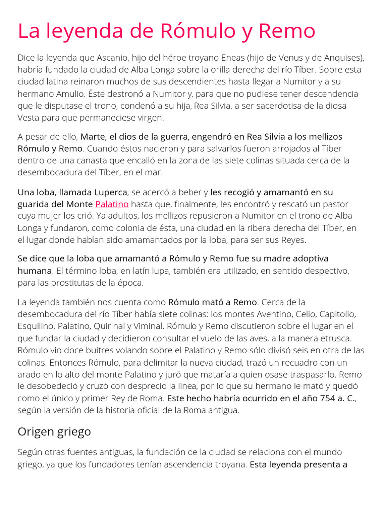 La Leyenda de Rómulo y Remo PDF | PDF | Romulus y Remus | Antiguedad clasica