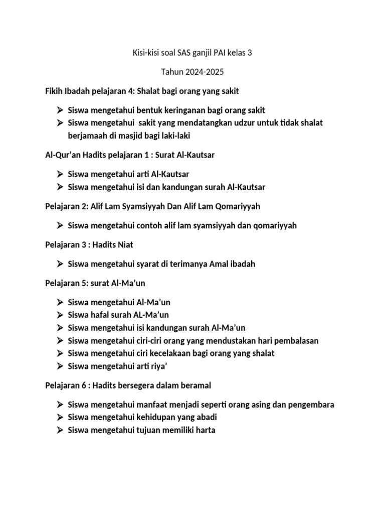 Kisi-Kisi SAS Ganjil PAI THN 2024-2025 Kelas 3 | PDF