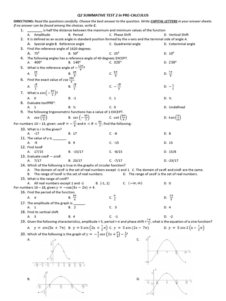 Pre-Calculus Q2 Summative Test 2 | PDF | Angle