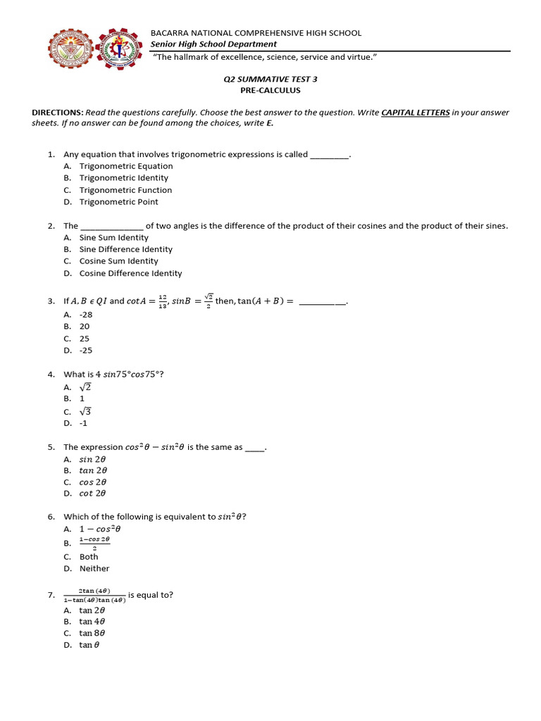 Q2 PRE CAL Summative Test 3 | PDF | Trigonometric Functions | Trigonometry