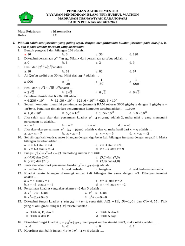 Ujian Matematika Kelas IX | PDF