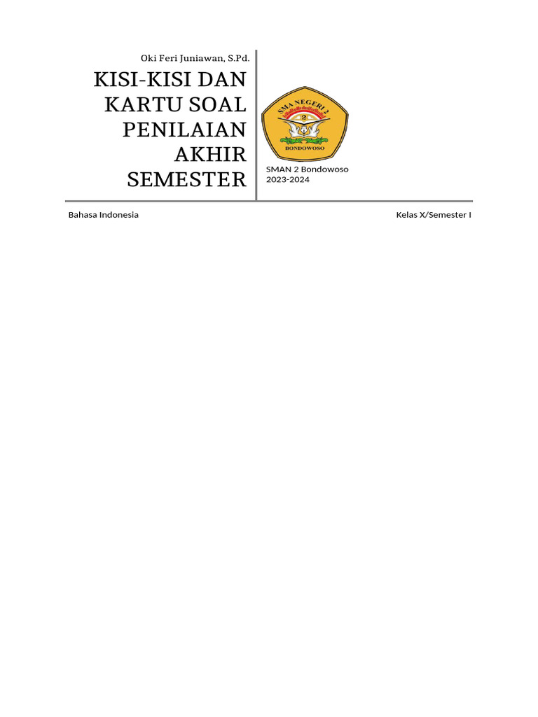 2022 X PAS Bindo (KISI-KISI DAN KARTU SOAL) | PDF