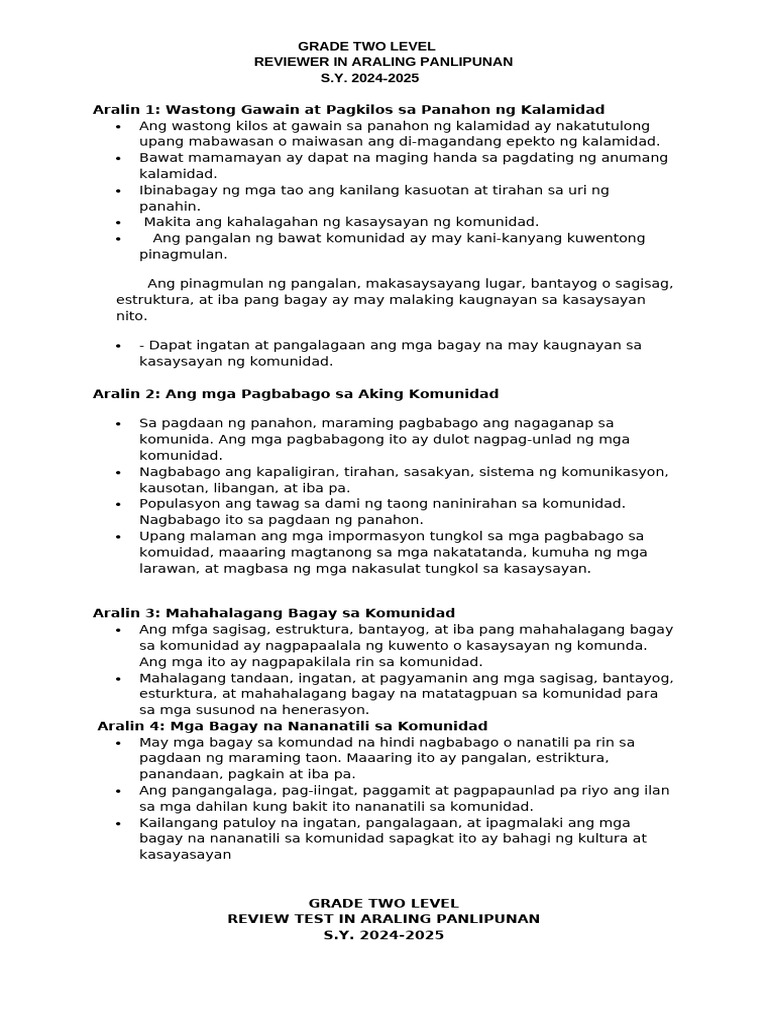 Grade 2 Review Test in AP Second Quarter | PDF