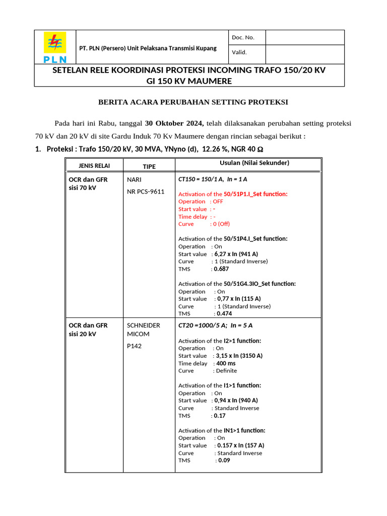 SETTING - PROTEKSI - Trafo (1) GI MAUMERE 301024 | PDF