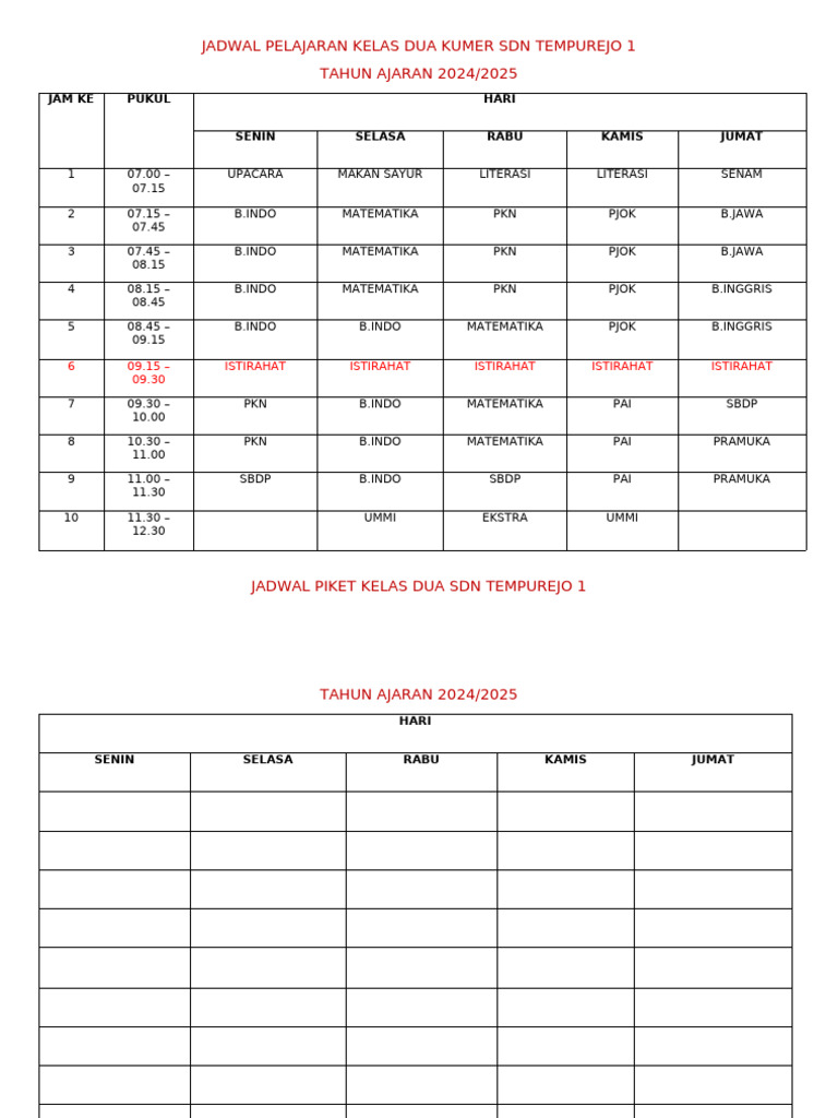 Jadwal Pelajaran Kelas 2 Kumer | PDF