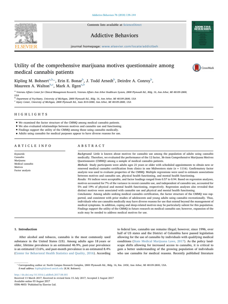 2018 - Utility of The Comprehensive Marijuana Motives Questionnaire ...