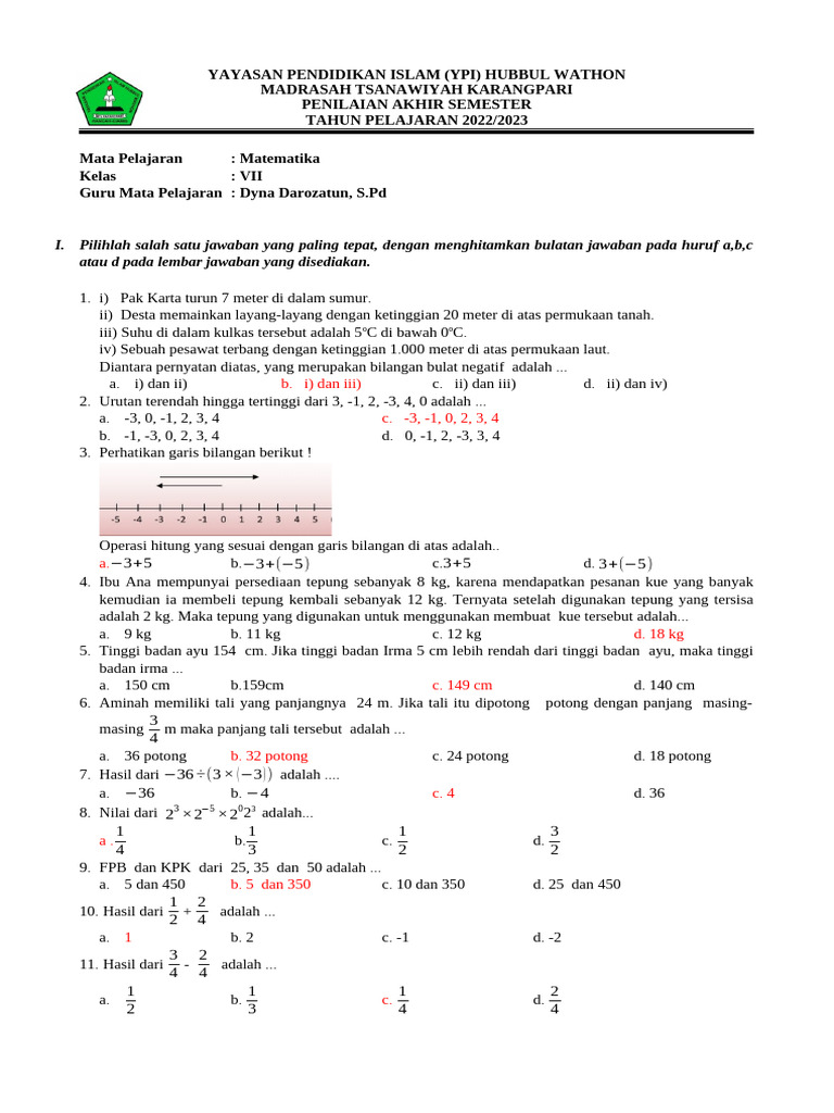 Soal Pas MTK KLS 7 2022-2023 | PDF