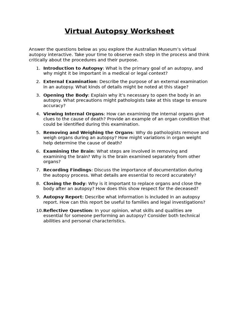 Virtual Autopsy Worksheet | PDF