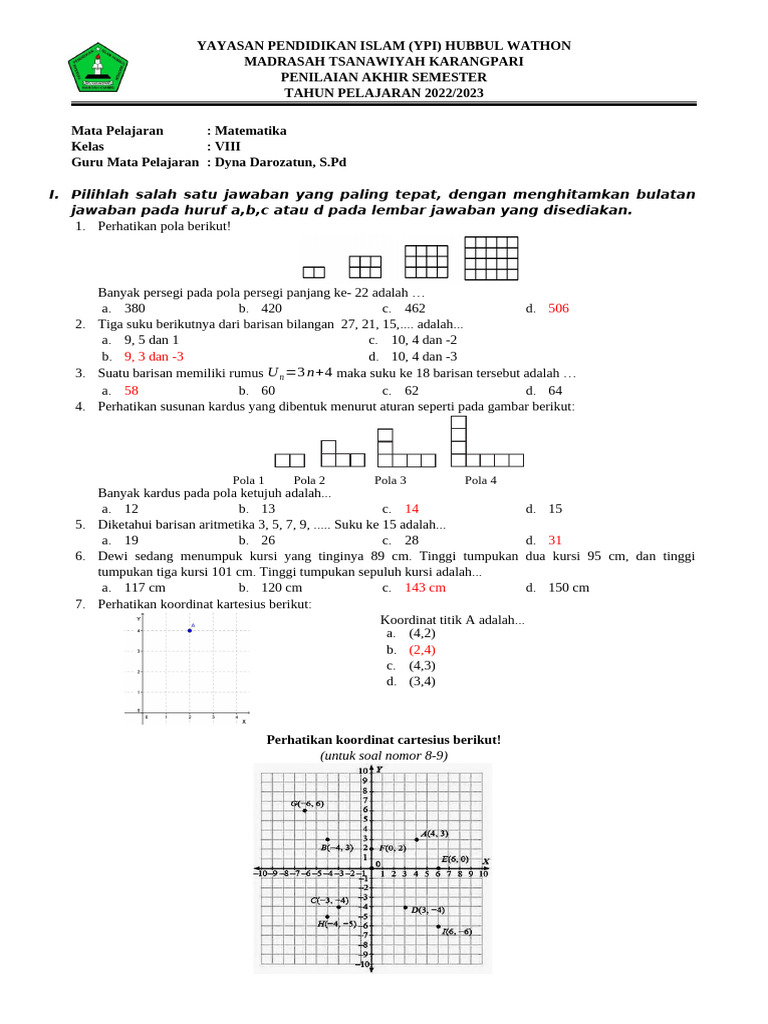 Soal PAS Kelas 8 Matematika 2022-2023 | PDF
