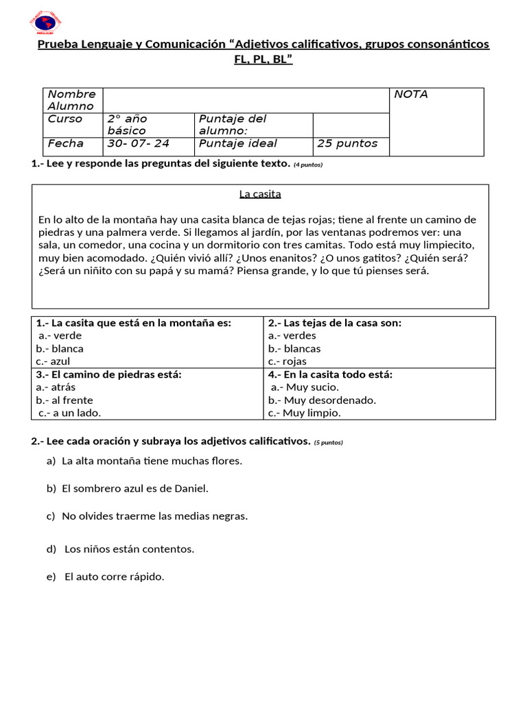 Prueba Adjetivos | PDF