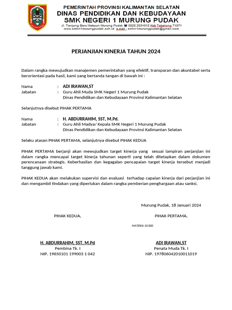 Adi Irawan - Perjanjian Kinerja Guru 2024 | PDF