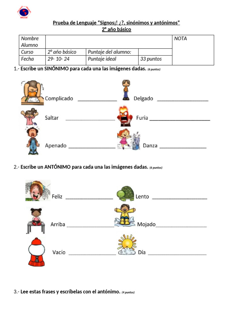 Prueba de Lenguaje Sinonimos y Antonimos | PDF