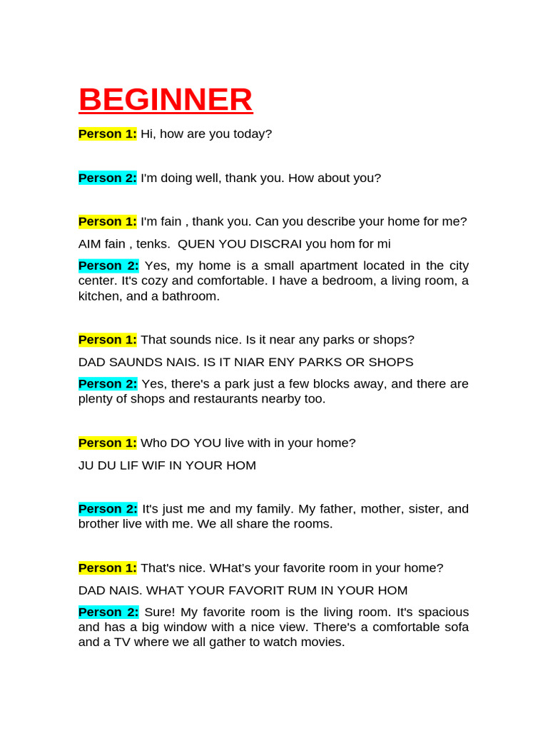 Beginner Conversation | PDF | Home | Room