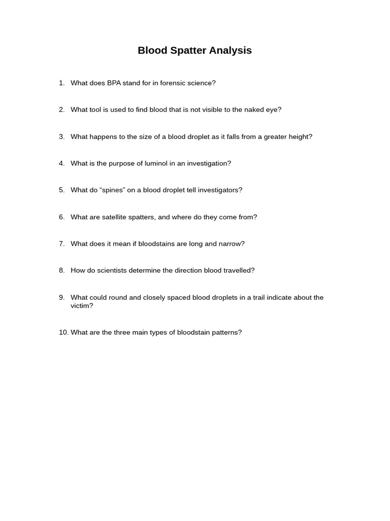 Blood Spatter Analysis Worksheet | PDF