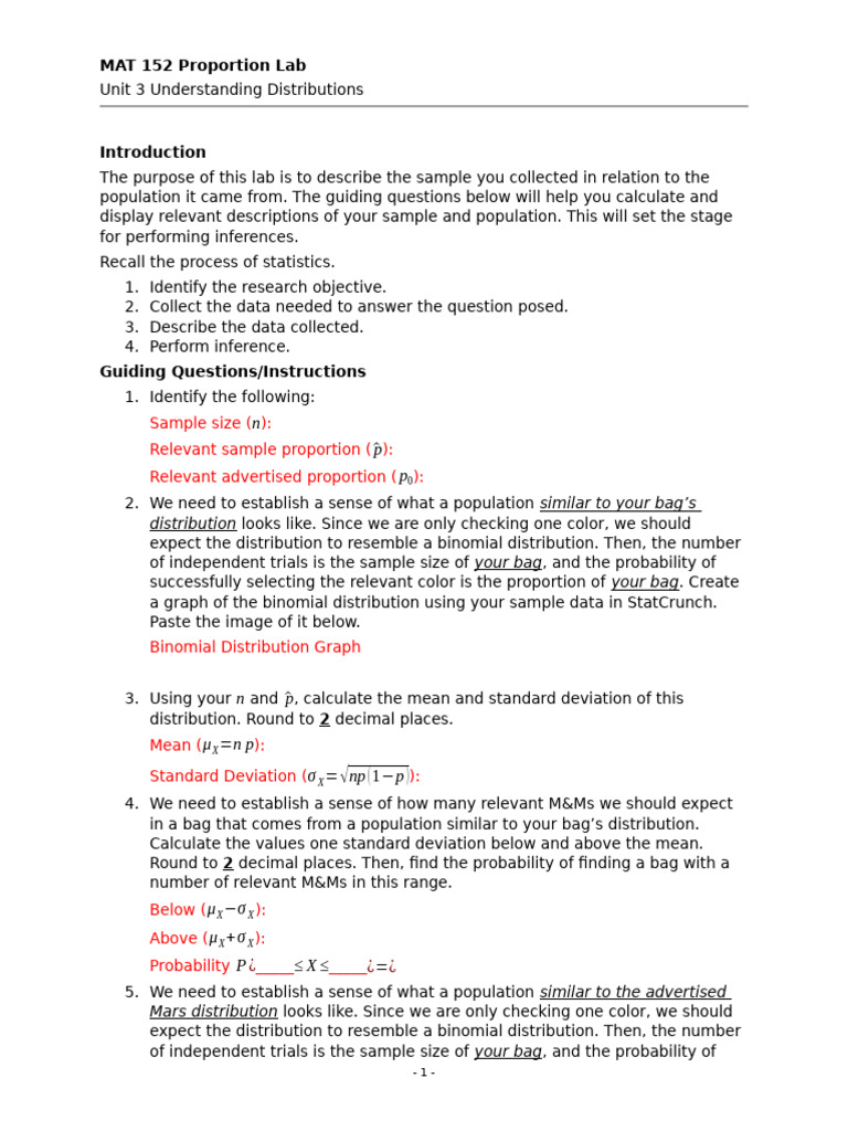 Last Name, First Name - Proportion Lab (Unit 3) | PDF | Standard Deviation | Sample Size ...