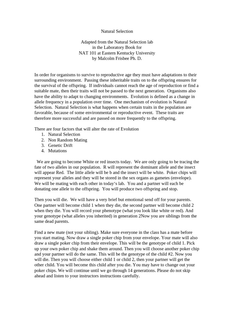 Natural Selection Lab | PDF | Natural Selection | Genotype