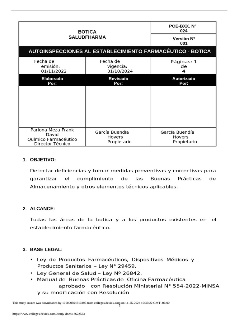 Poes 024 Autoinspecciones Al Establecimiento Farmac Utico Botica 1 | PDF | Farmacia | Farmacéutico