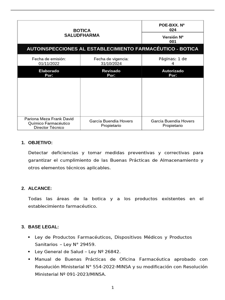 Poes 024 Autoinspecciones Al Establecimiento Farmac Utico Botica 1 | PDF | Farmacia | Farmacéutico