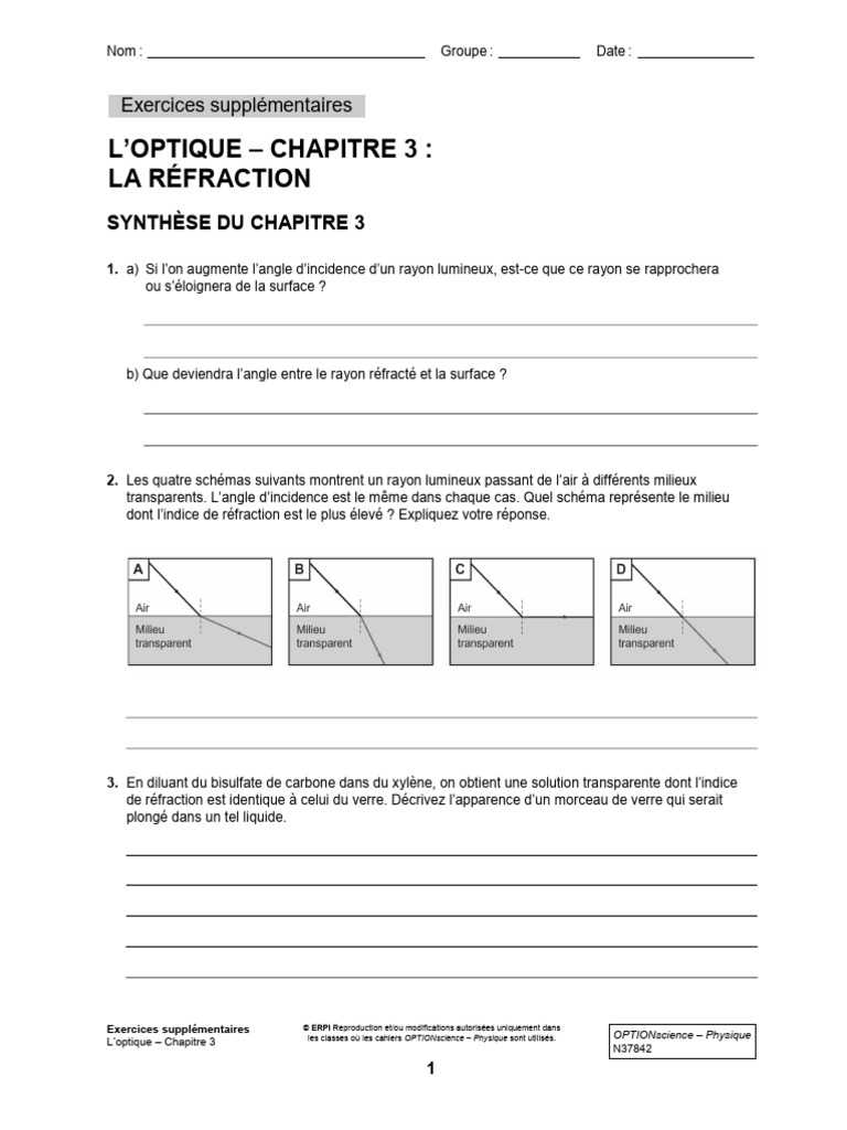 Exercices sur la Réfraction Optique | PDF | Réfraction | Indice de ...