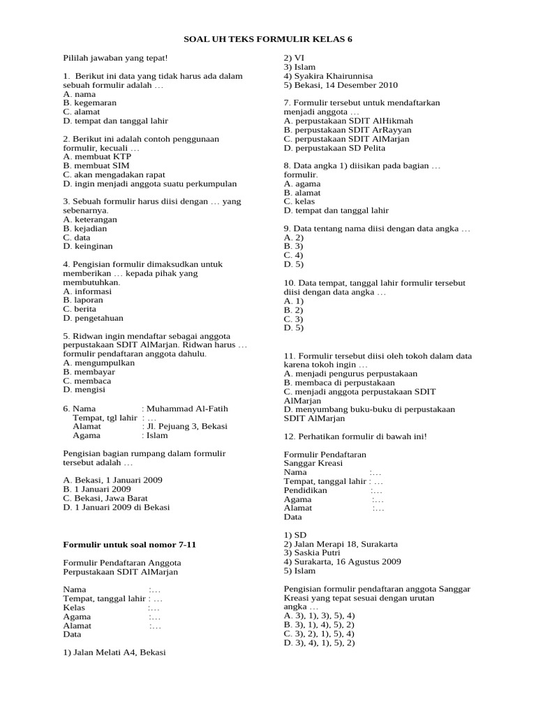 Soal Formulir Bahasa Indonesia Kelas 6 | PDF
