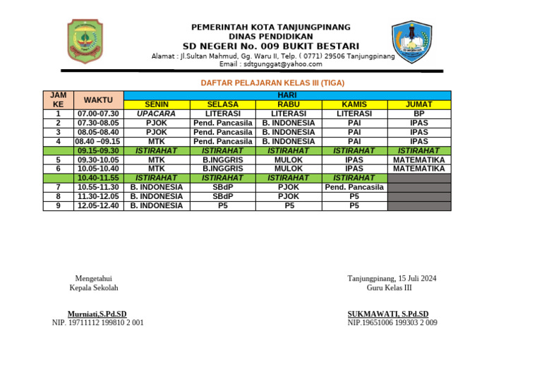 Jadwal Pelajaran Kelas 3 | PDF