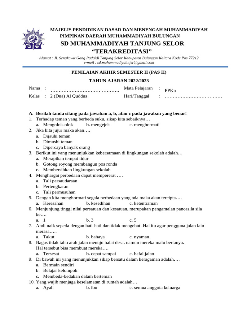 Pas Ii PPKN Kelas 2 | PDF