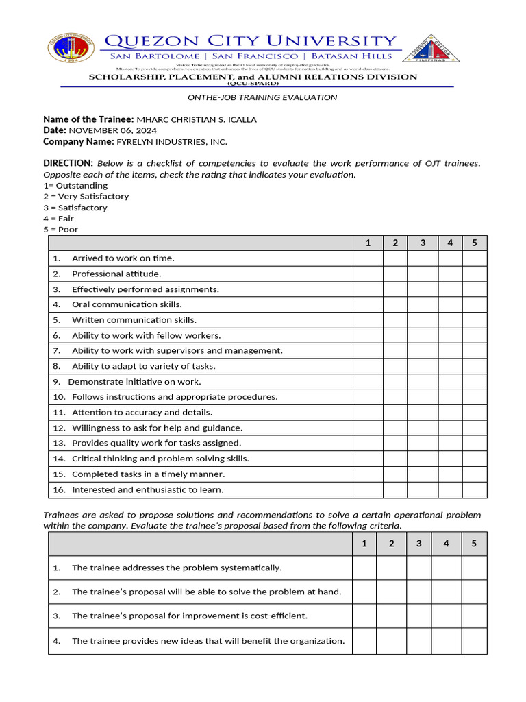 OJT Evaluation Form | PDF