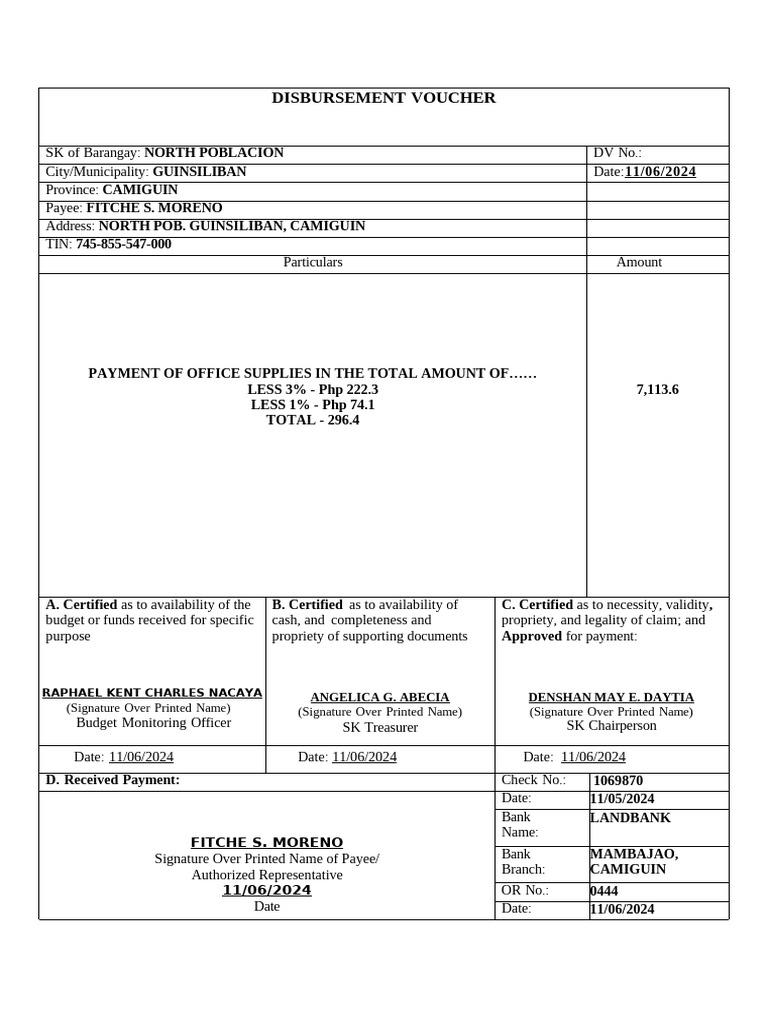 Disbursement Voucher for Office Supplies | PDF