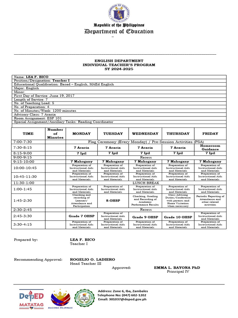 English Department Teacher Programs 2024-2025 | PDF | Learning ...