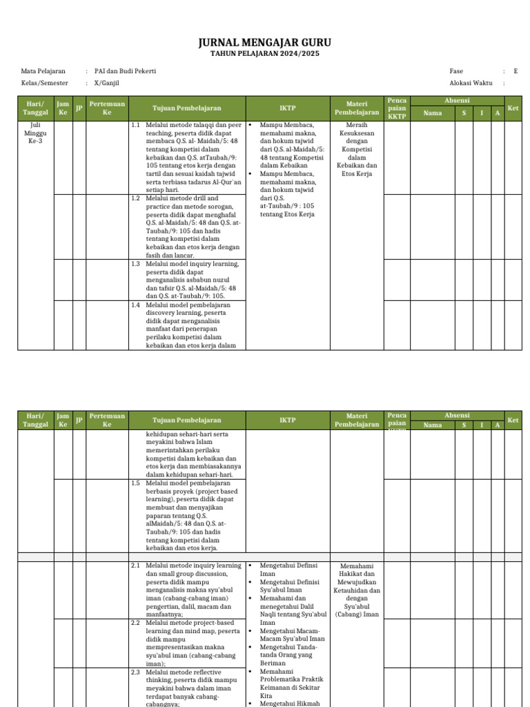 Jurnal Mengajar PAI Kelas X 2024/2025 | PDF