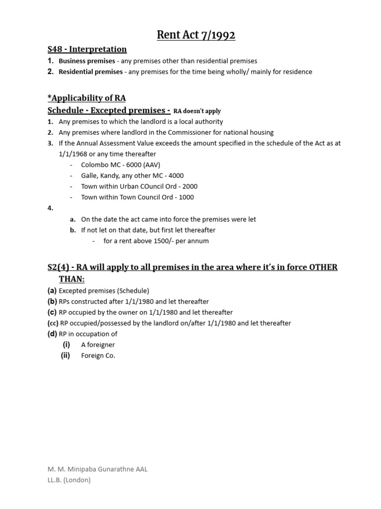 Rent Act Note | PDF | Lease | Leasehold Estate