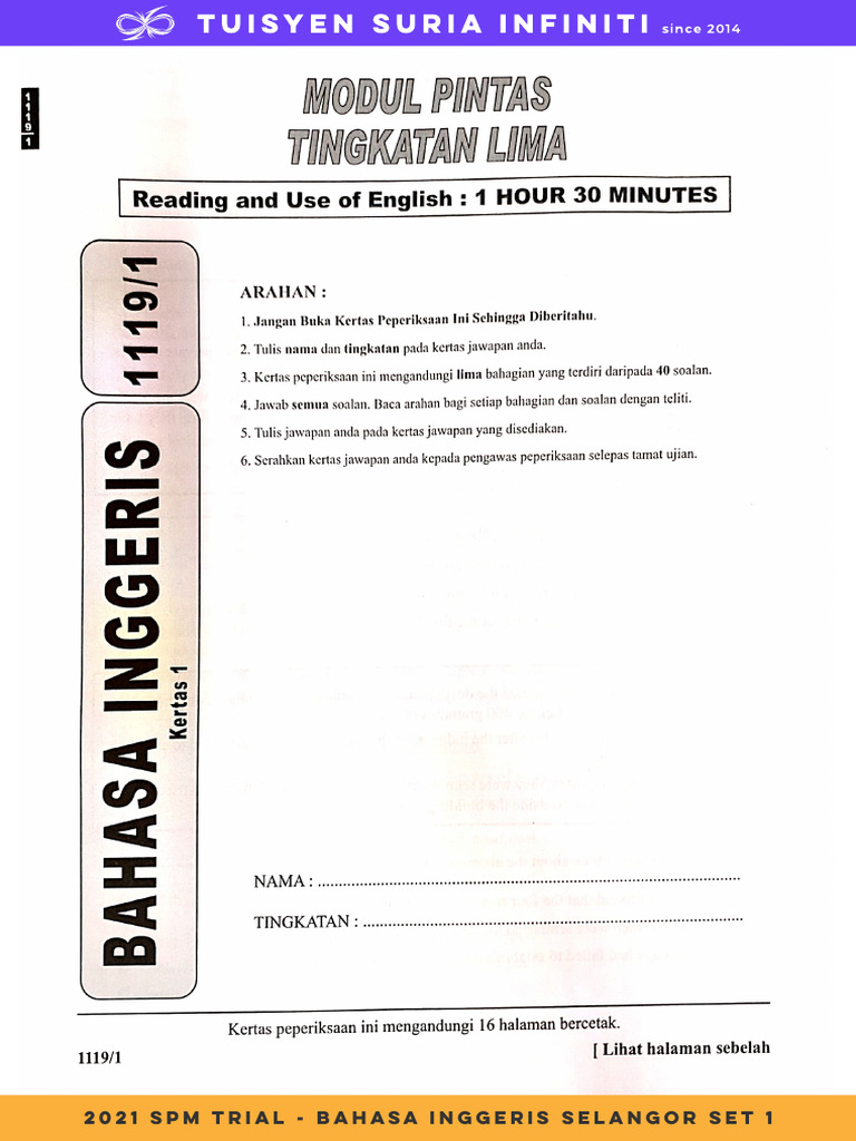 Kertas Trial English Selangor K1 Set 1 | PDF