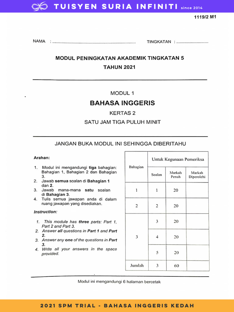 Kertas Trial English Kedah K2 2021 | PDF
