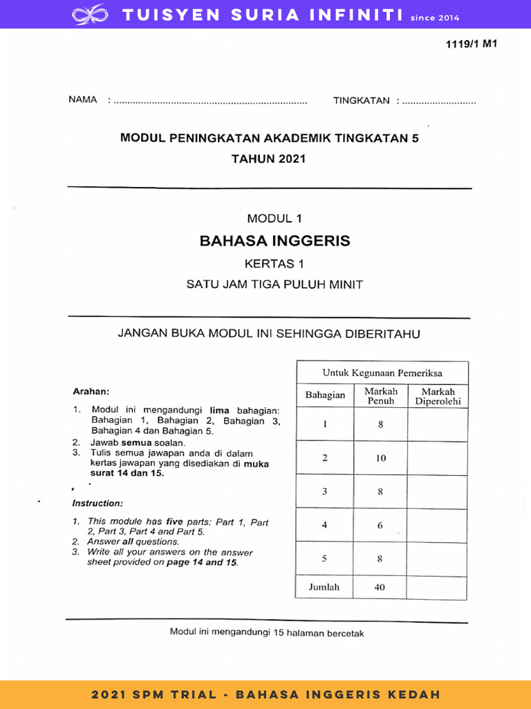 Kertas Trial English Kedah K1 2021 | PDF