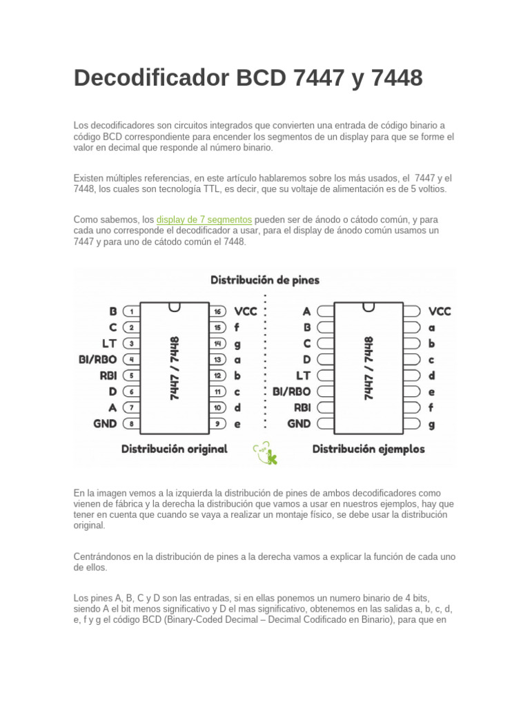 Decodificadores BCD 7447 y 7448 | PDF | Decimal codificado en binario ...