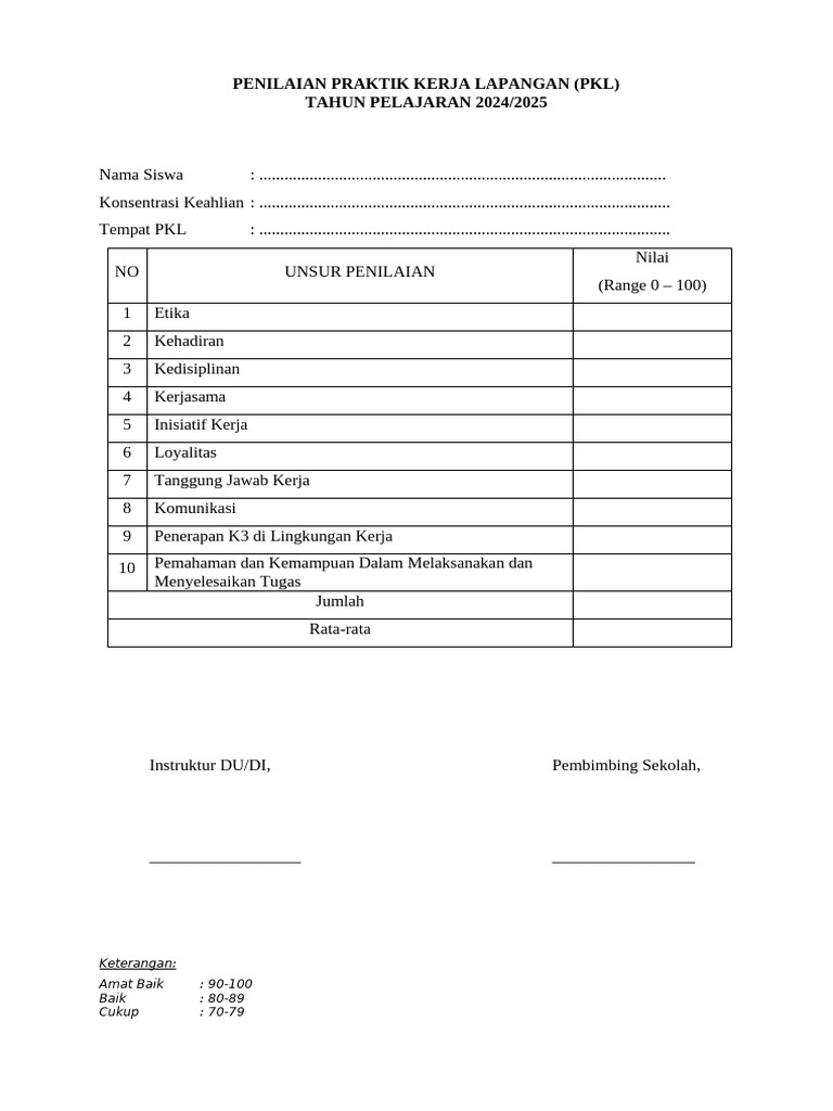 Lembar Penilaian PKL | PDF