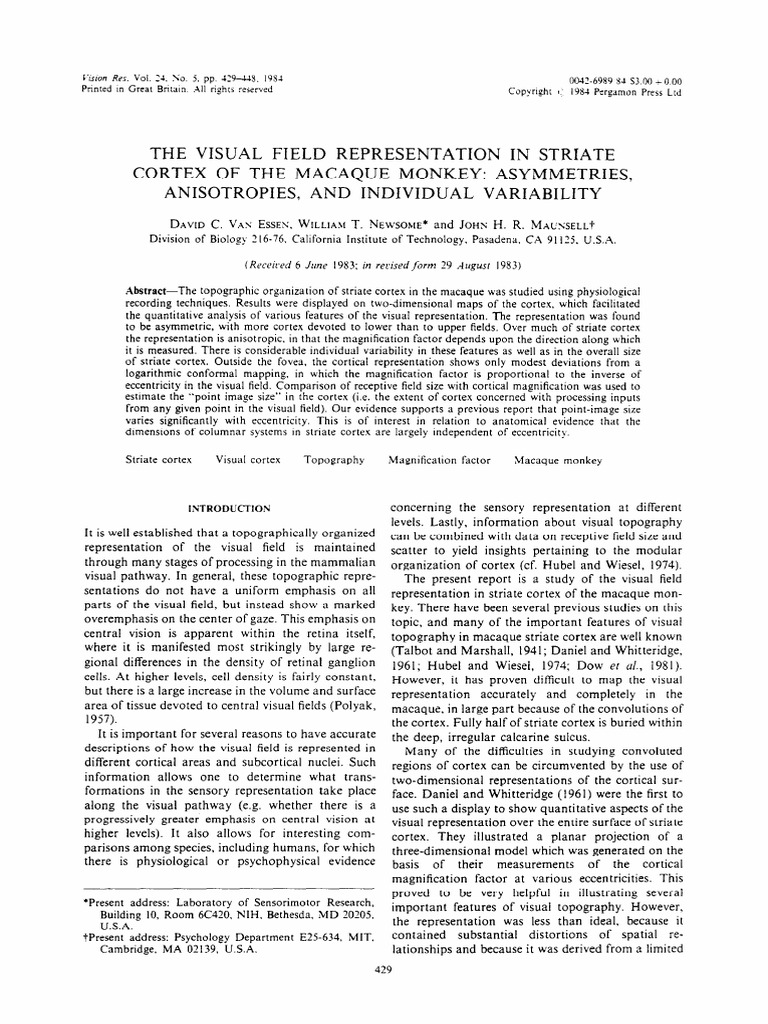Vanessen1984-The Visual Field Representation in Striate Cortex of The Macaque Monkey-Asymmetries ...