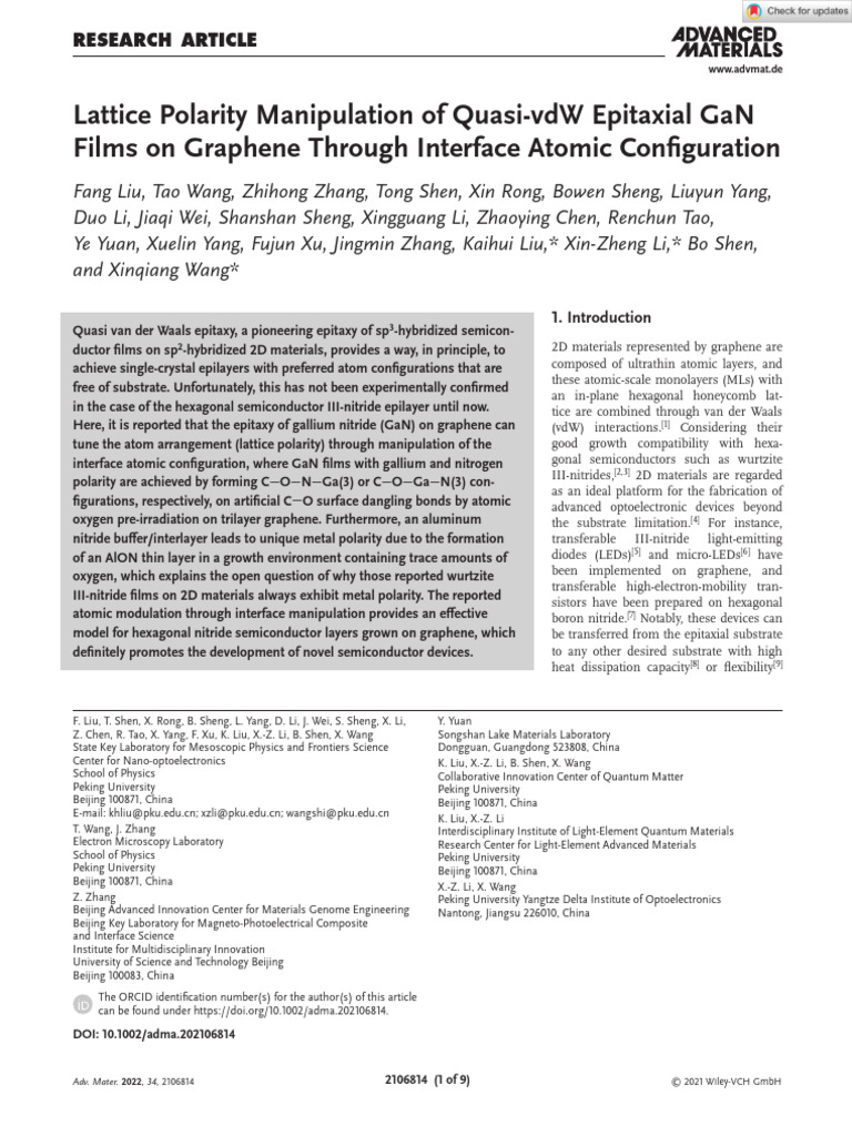 Advanced Materials - 2021 - Liu - Lattice Polarity Manipulation of Quasi VDW Epitaxial GaN Films ...